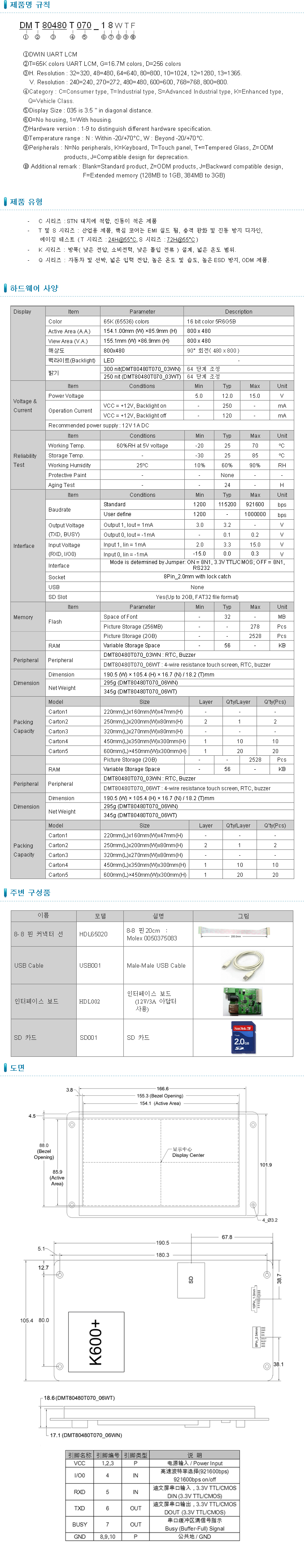DMT80480T070_03WT ( 7.0인치 DGUS 간편 프로그램, UART LCD 일체형 모듈 ) / 디바이스마트