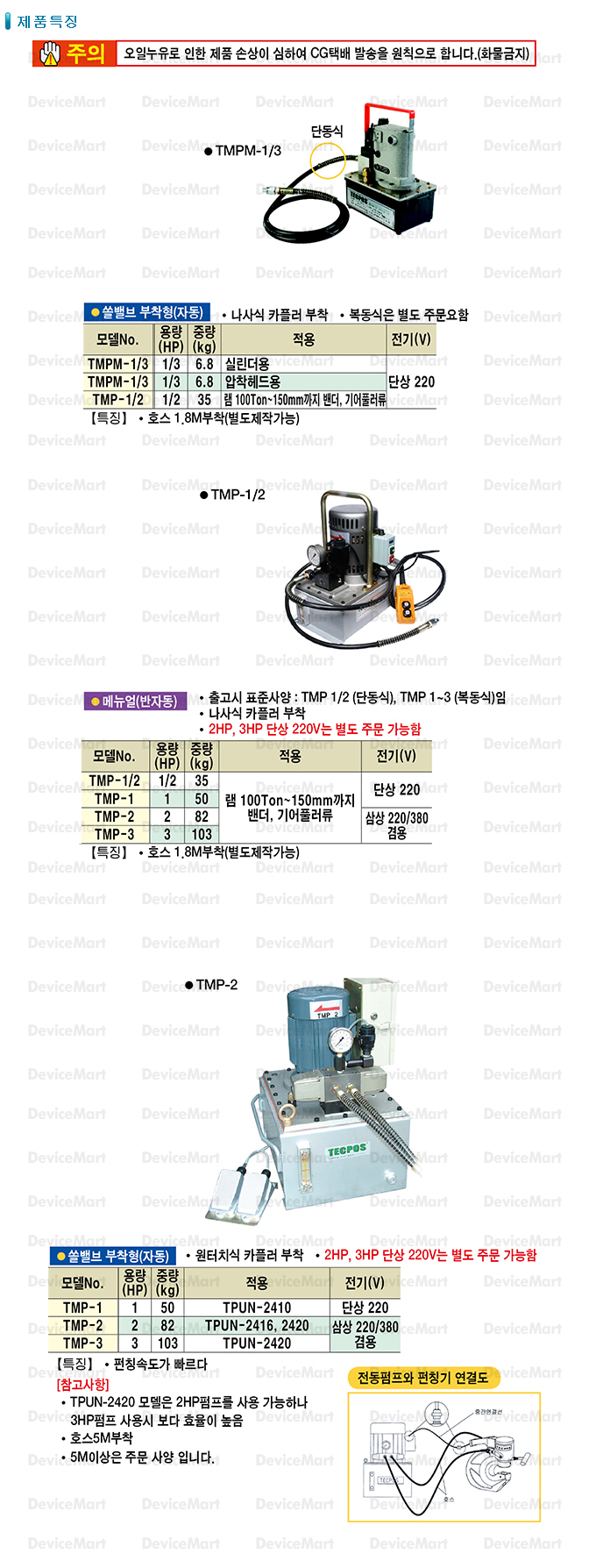 유압전동펌프-TMP-1/2(메뉴얼-단동) / 디바이스마트