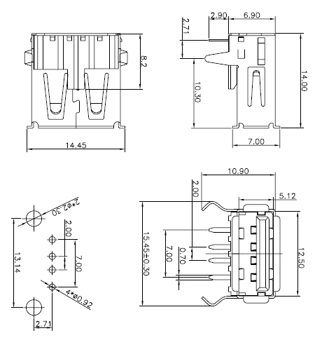 USB A/F, Right-angle 커넥터 [NW3-USBC-002] / 디바이스마트