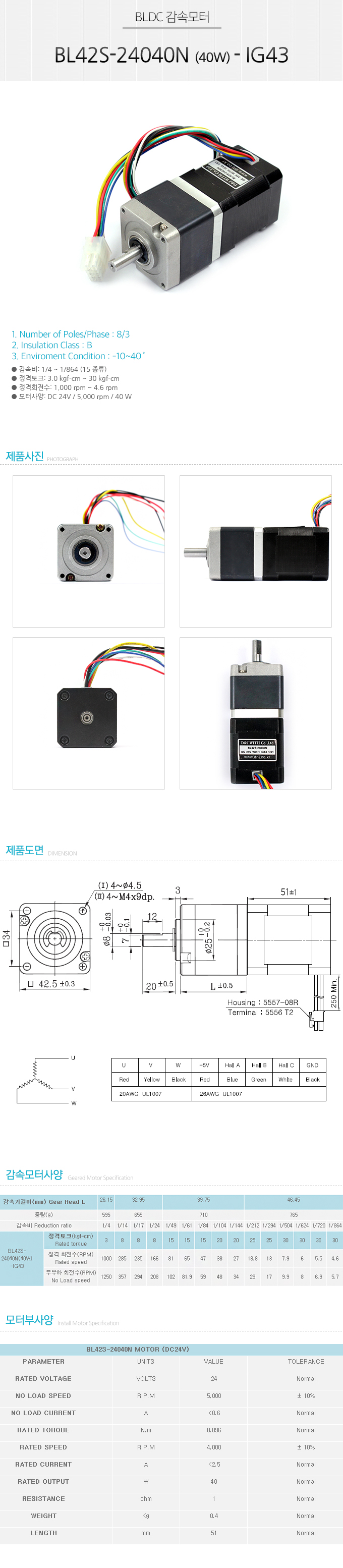 BLDC감속모터 BL42S-24040N (40W-24V) + IG43 / 디바이스마트