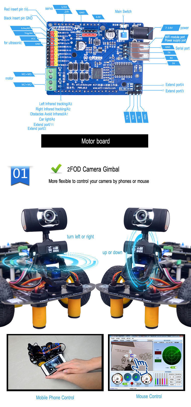 Xiao R DIY Smart Wifi robot control car video camera gimbal Arduino UNO ...