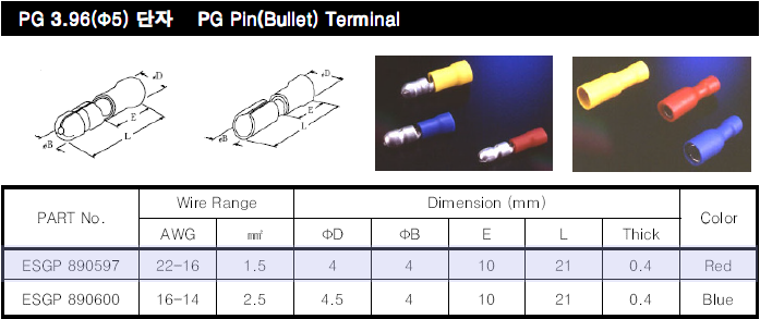 5파이 PG 총알단자 (PG Bullet Terminal) 2.5SQ TAB타입 / 디바이스마트