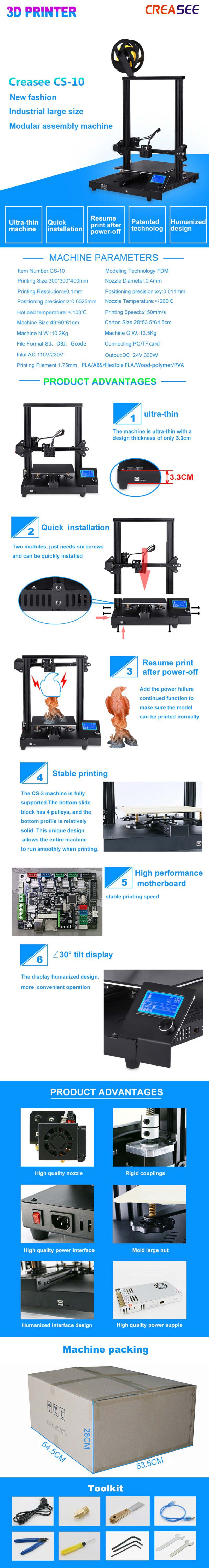 CREASEE®CS-10 3D Printer Kit w/ Dual Z-Axis Support Power Off Resume ...