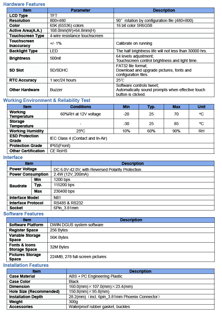 [DWIN] DMT80480T070_15WT ( 케이스 형 7.0인치 800xRGBx480, 65K Colors, DGUS LCM) / 디바이스마트