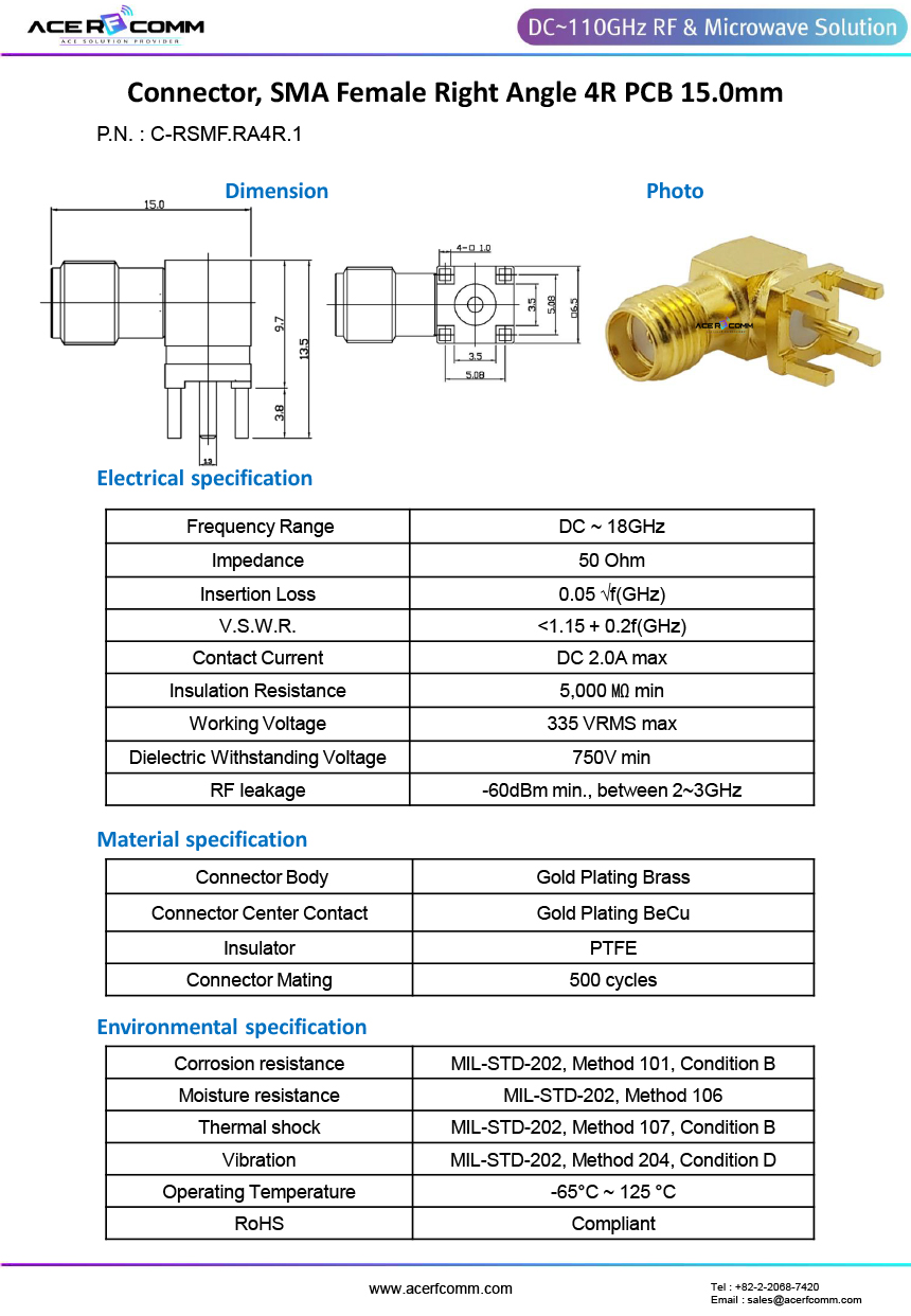 CON. SMA (F) Right Angle 4R PCB 15.0mm / 디바이스마트