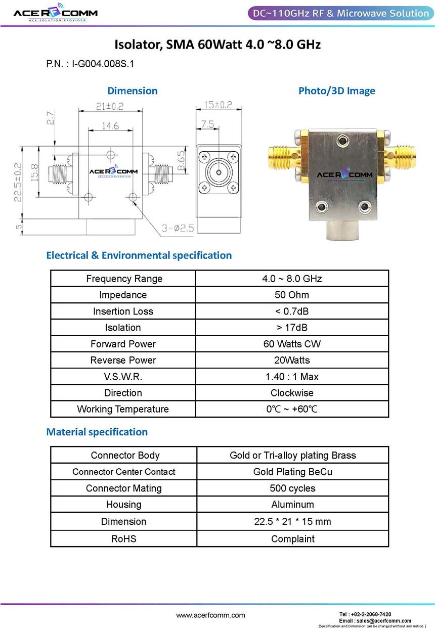 아이솔레이터 (Coaxial Isolator), SMA 60Watt 4.0~8GHz / 디바이스마트