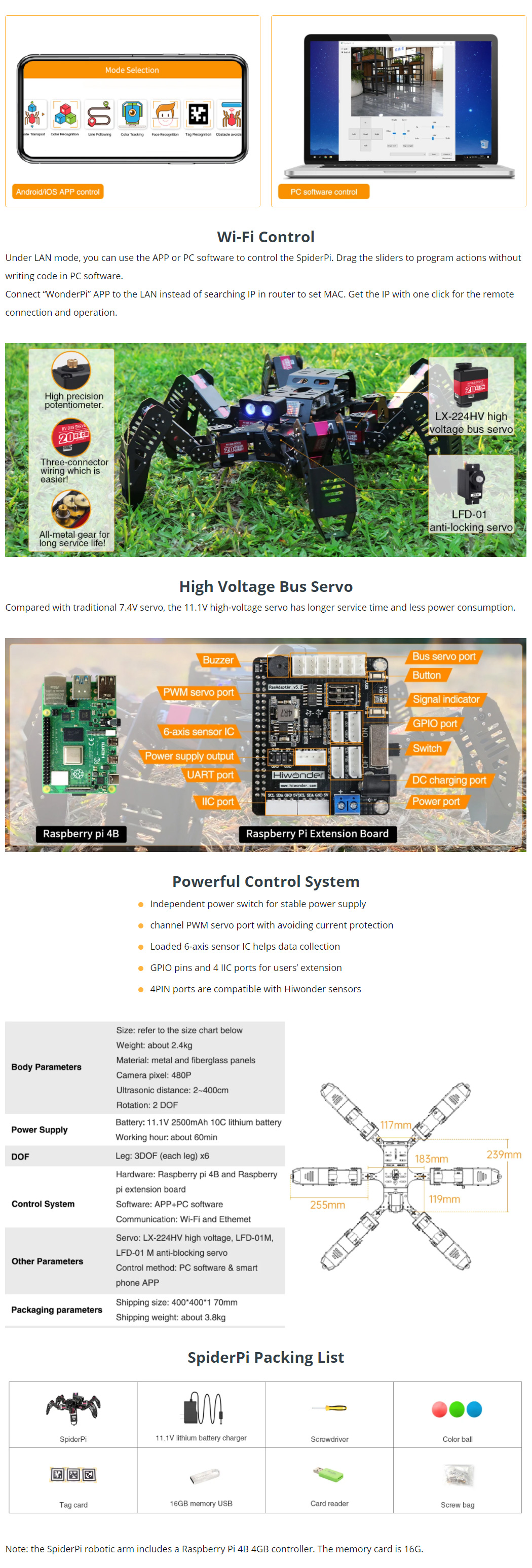 SpiderPi Standard Edition: AI Visual Hexapod Robot (Raspberry Pi 4B / 4G) / 디바이스마트
