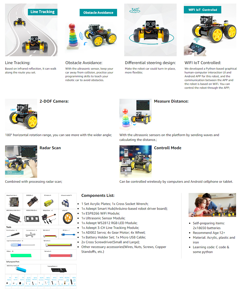 Adeept AWR-A 4WD Smart WiFi Robot Car Kit Compatible with Arduino UNO R3 / 디바이스마트