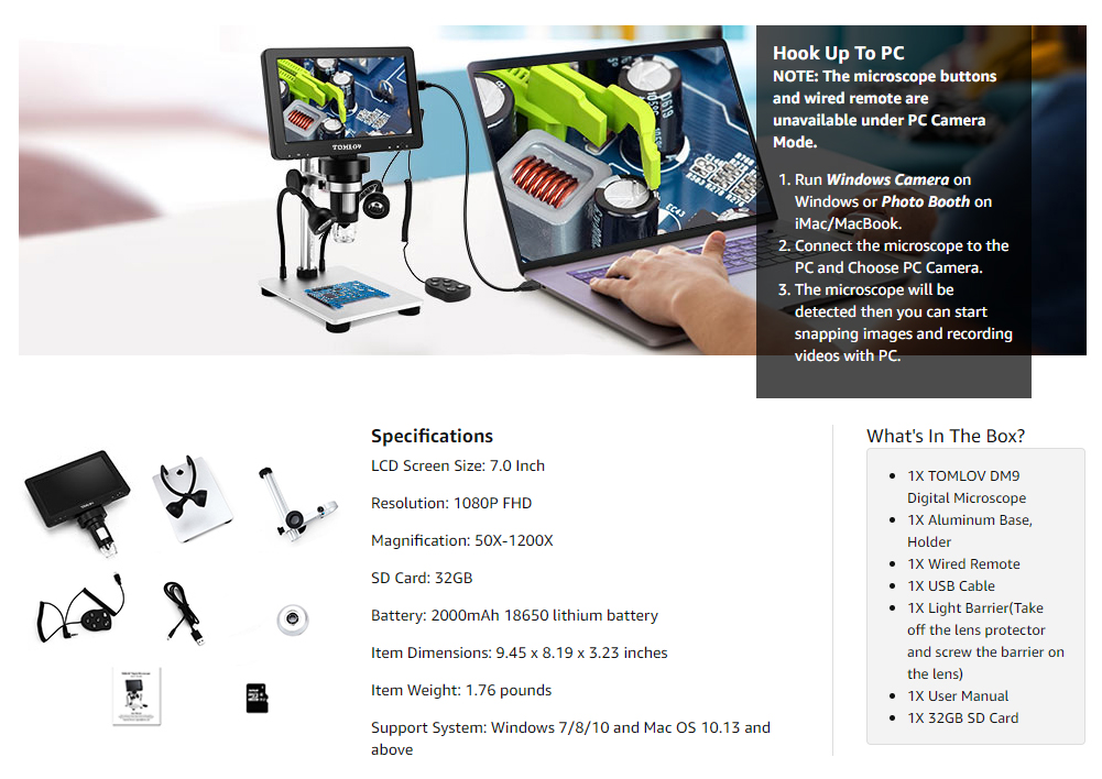 TOMLOV 7inch LCD Digital Microscope with 32GB SD Card / 디바이스마트