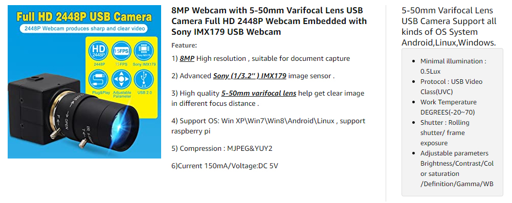 ALPCAM 2MP Webcam Full HD 1080P USB (USB8MP02G-SFV(5-50)) / 디바이스마트