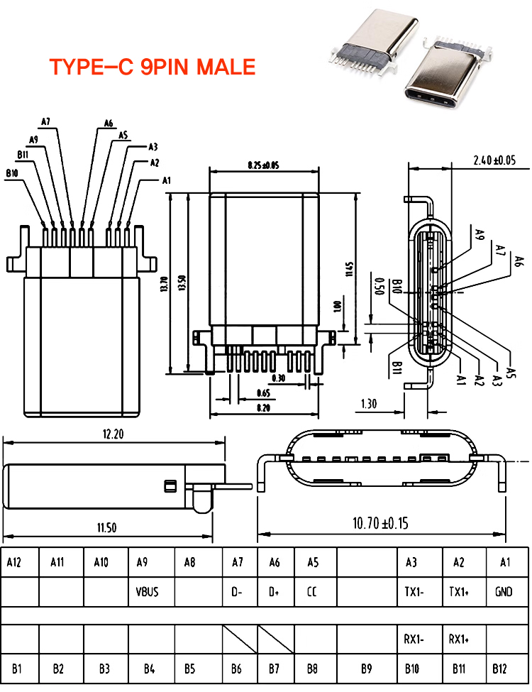 C타입 USB 3.1 커넥터 9핀 PCB SMT male [SZH-CON009] / 디바이스마트