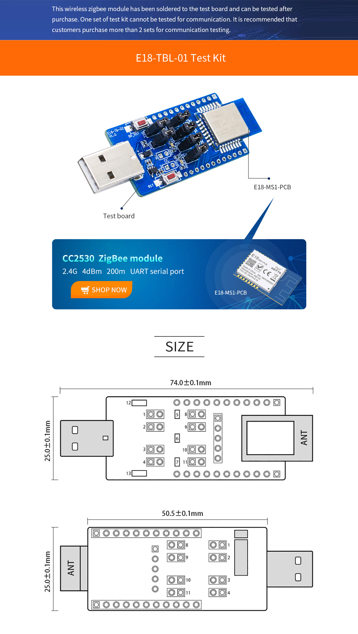 XBee ZigBee CH340G 2.4GHz TTL 무선 통신 모듈 [E18-TBL-01] / 디바이스마트