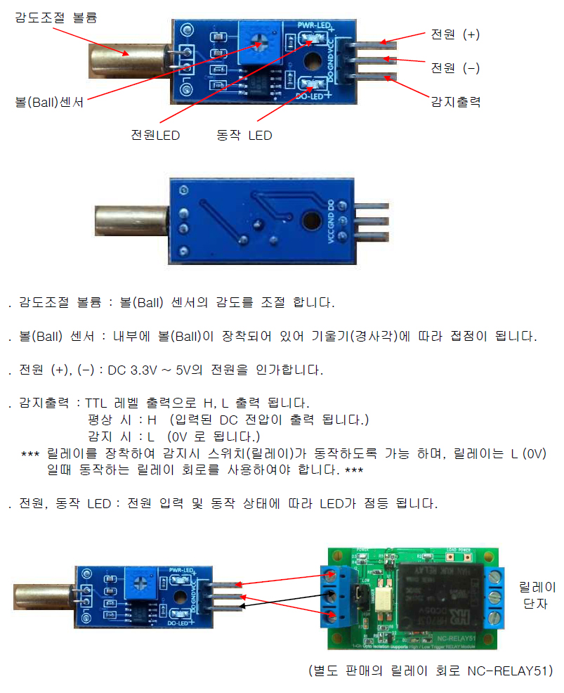 볼(Ball)내장 기울기(경사각) 및 충격센서 모듈 (Ball mounted tilt and shock sensor module ...