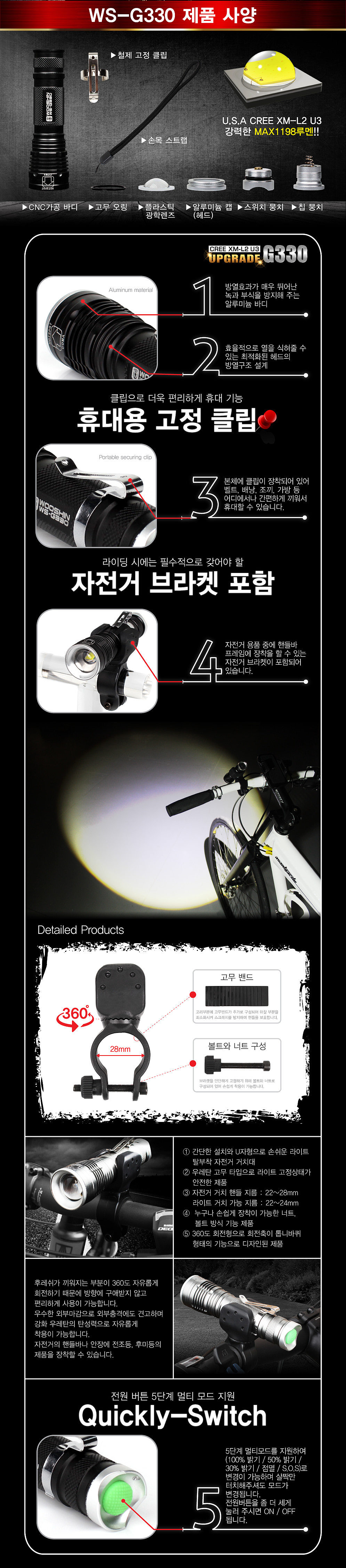 크리 XM-L2-U3 LED 충전줌라이트 (블랙) WS-G330 1EA 색상 블랙 / 디바이스마트